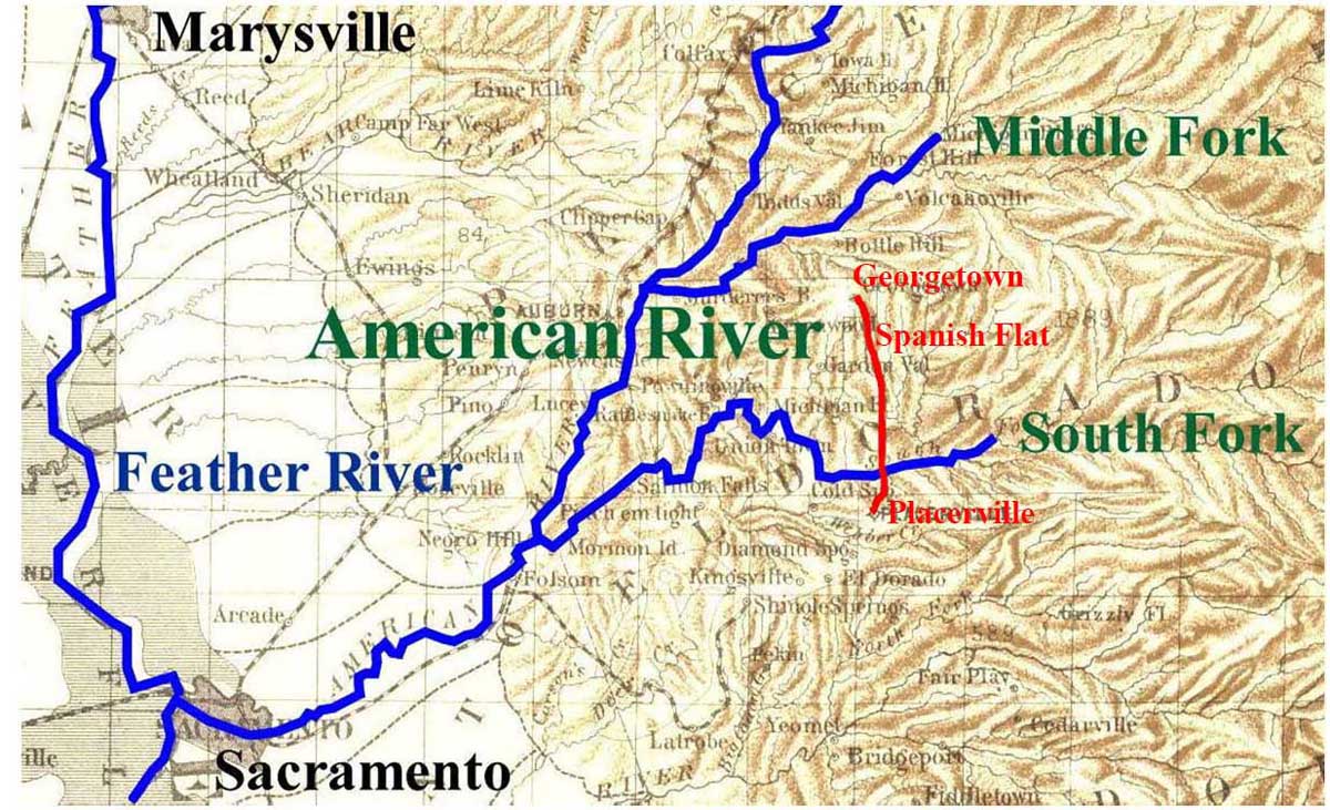 Map of the Feather & American Rivers with route from Placerville to ...