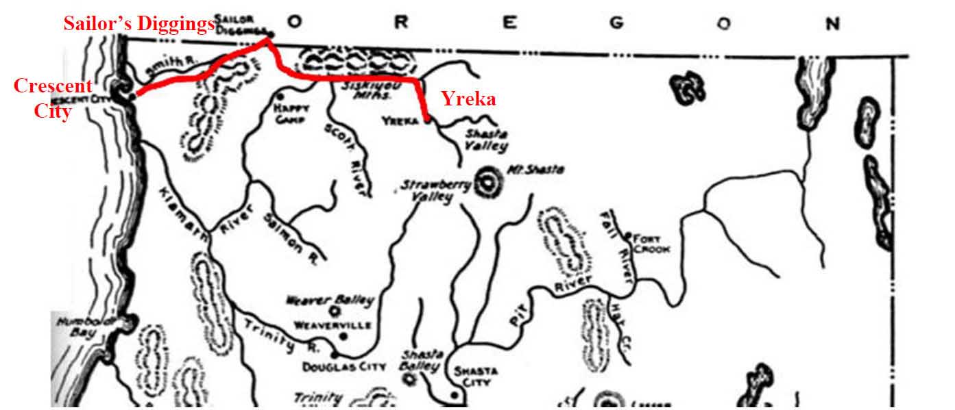 Map of route from Crescent City to Sailor’s Diggins, Oregon (and ...