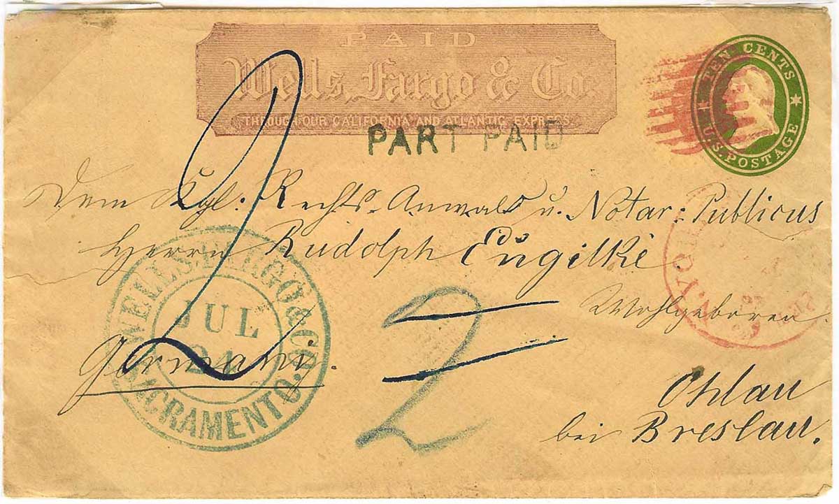 Wells Fargo red franked entire used from Sacramento. Entered the mails ...